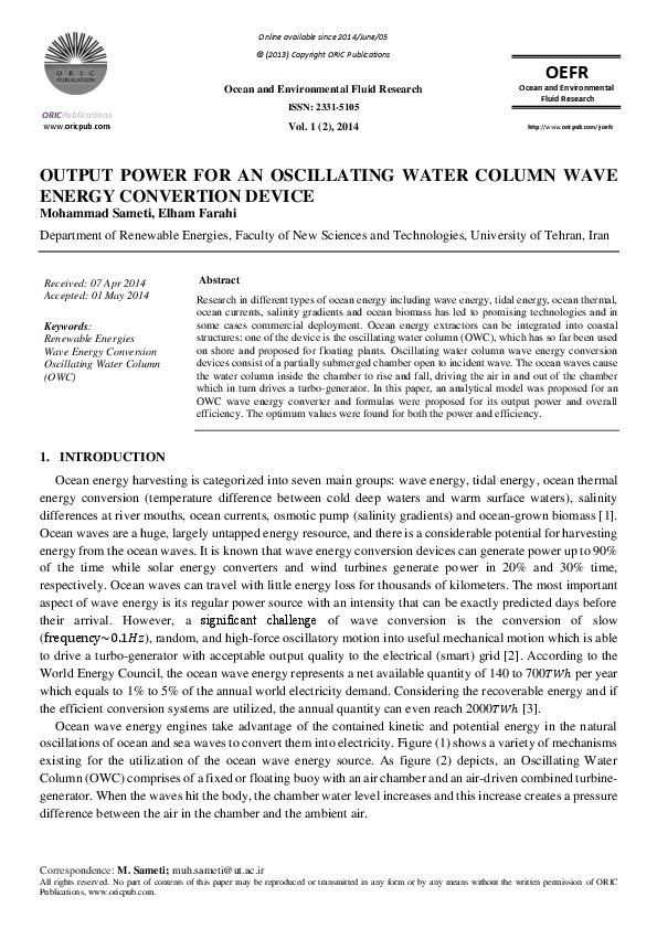 Pdf Output Power For An Oscillating Water Column Wave Energy