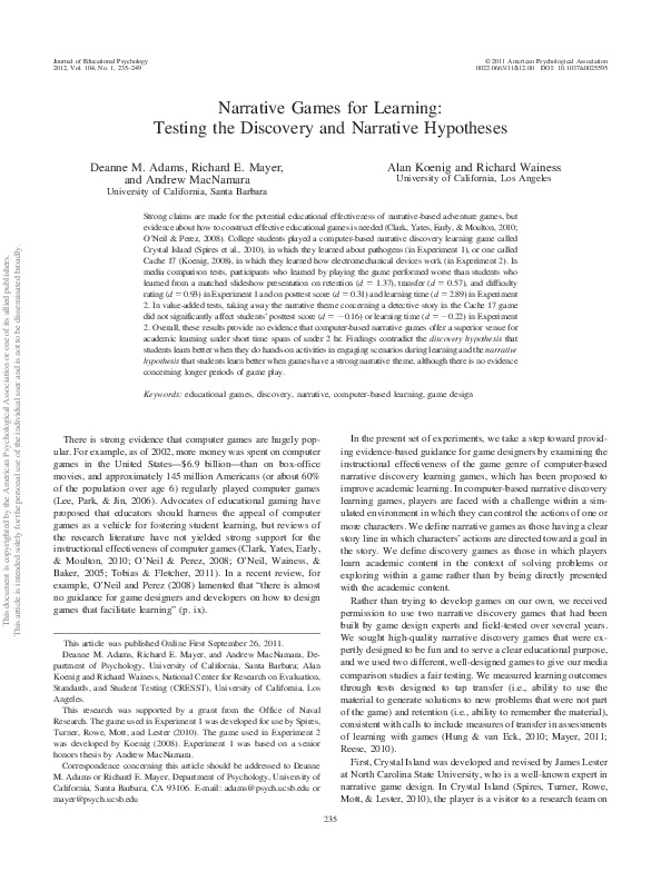 (PDF) Narrative Games for Learning: Testing the Discovery and Narrative ...