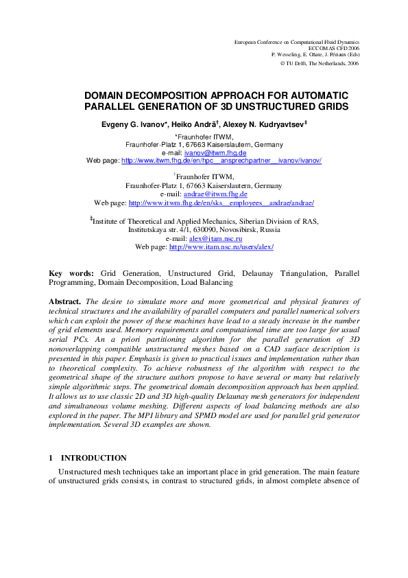 (PDF) DOMAIN DECOMPOSITION APPROACH FOR AUTOMATIC PARALLEL GENERATION OF 3D UNSTRUCTURED GRIDS