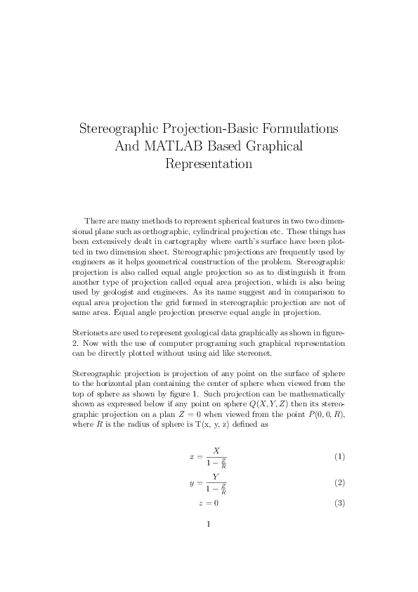 (PDF) Stereographic Projection- Basic Formulations And MATLAB Based Graphical Representation