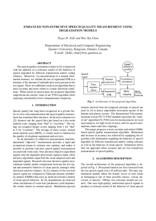 Pdf Enhanced Non Intrusive Speech Quality Measurement Using Degradation Models