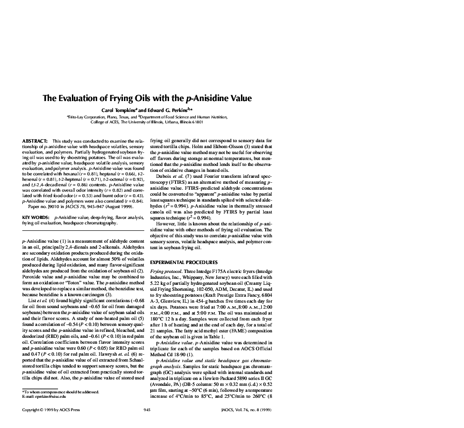 (PDF) The Evaluation of Frying Oils with the p-Anisidine Value
