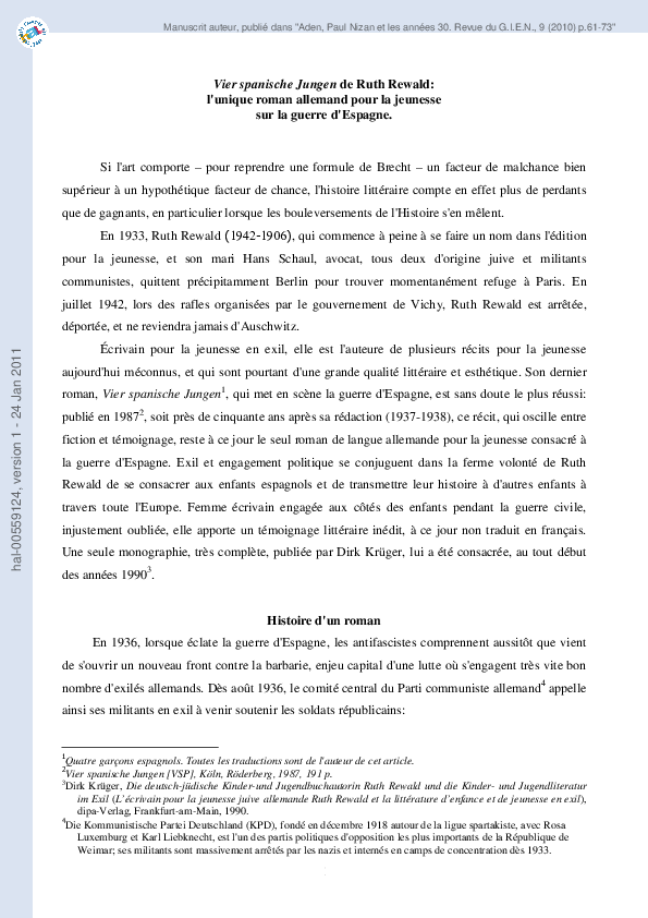 (PDF) Vier spanische Jungen de Ruth Rewald: l'unique roman allemand ...