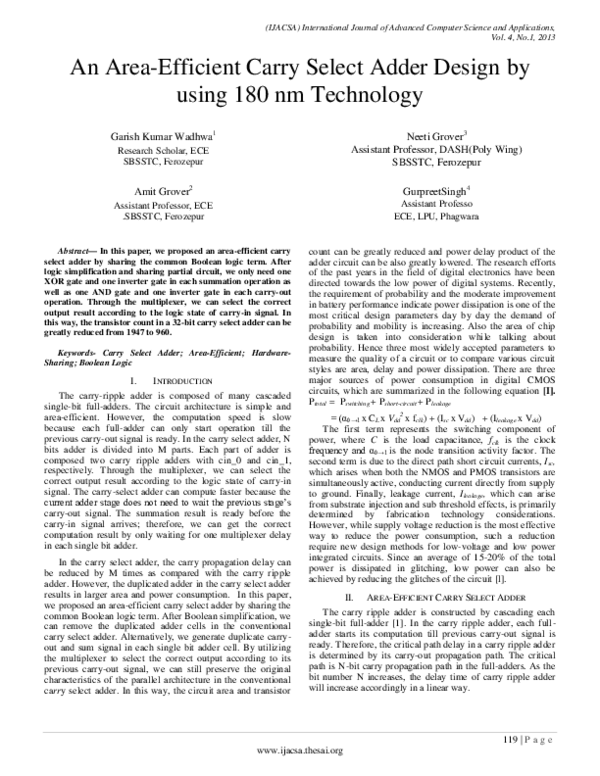 Pdf An Area Efficient Carry Select Adder Design By Using 180 Nm