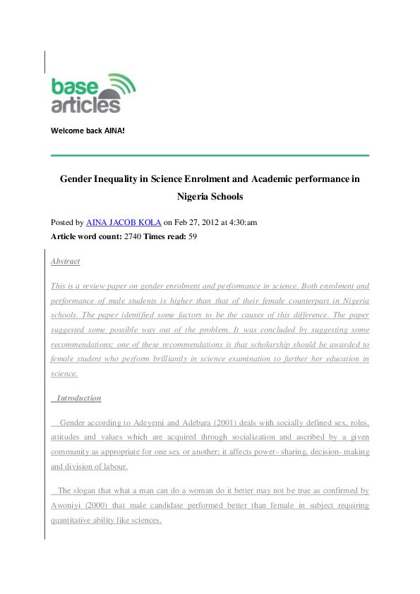(DOC) Gender Inequality in Science Enrolment and Academic performance ...