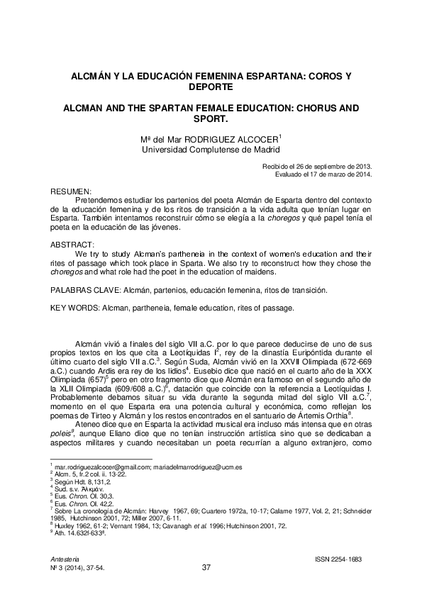 (PDF) Alcman and the Spartan Female Education: Chorus and Sport (Spanish)