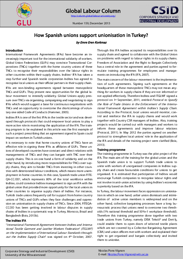 (PDF) Global Labour Column How Spanish unions support unionisation in ...