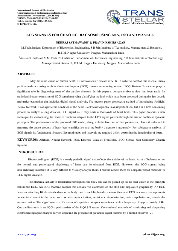 (PDF) ECG SIGNALS FOR CHAOTIC DIAGNOSIS USING ANN, PSO AND WAVELET