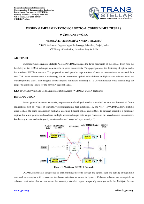 Pdf Design And Implementation Of Optical Codes In Multiusers Wcdma Network
