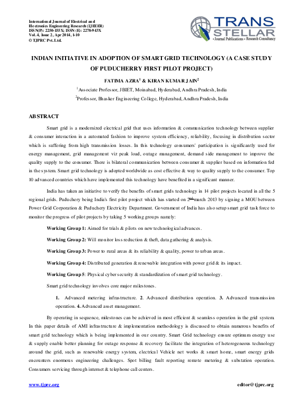 (PDF) INDIAN INITIATIVE IN ADOPTION OF SMART GRID TECHNOLOGY (A CASE ...