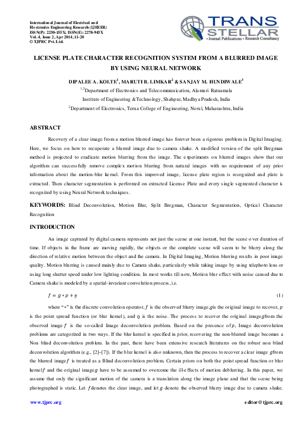 Pdf License Plate Character Recognition System From A Blurred Image By Using Neural Network