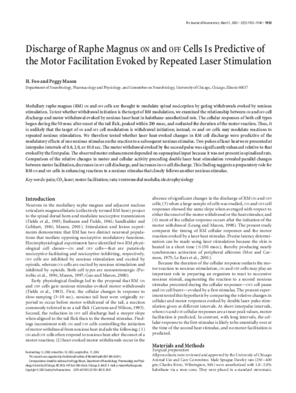 (PDF) Discharge of Raphe Magnus ON and OFF Cells Is Predictive of the ...