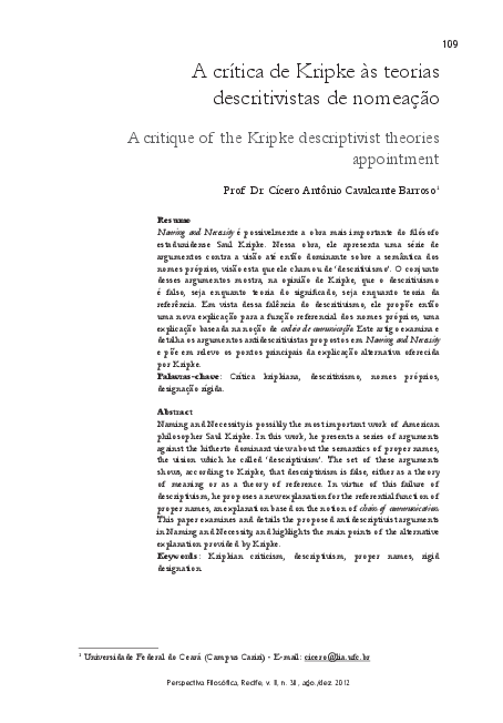 (PDF) A crítica de Kripke às teorias descritivistas de nomeação A ...