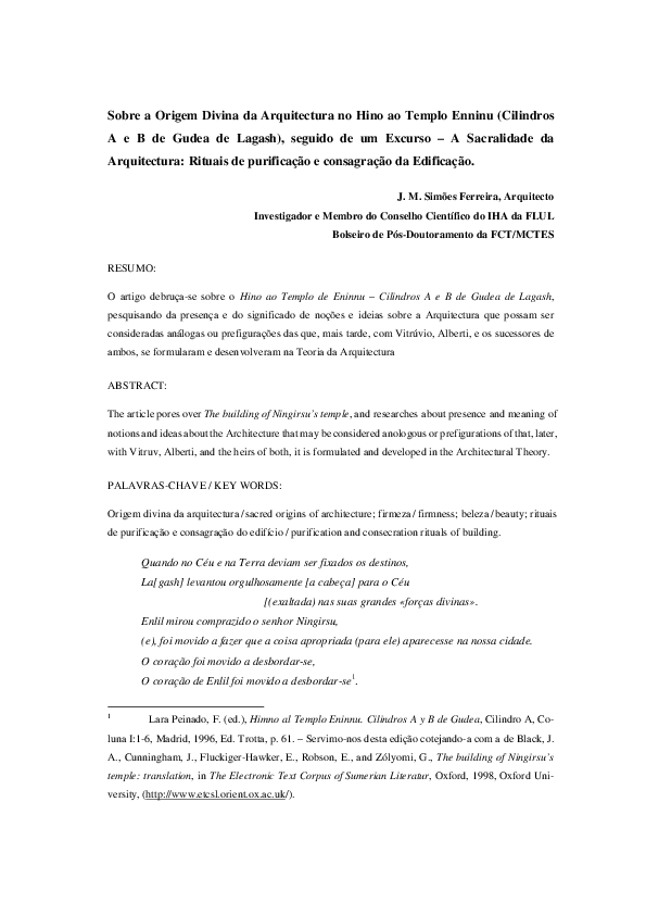 Sobre a Origem Divina da Arquitectura no Hino ao Templo Enninu