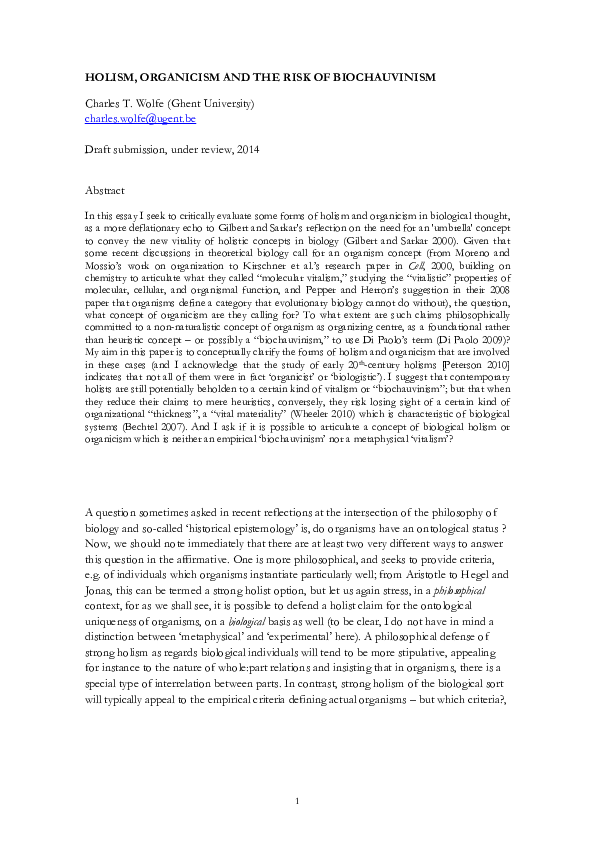 (PDF) HOLISM, ORGANICISM AND THE RISK OF BIOCHAUVINISM