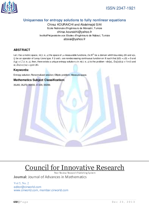 Pdf Uniqueness For Entropy Solutions To Fully Nonlinear Equations Council For Innovative