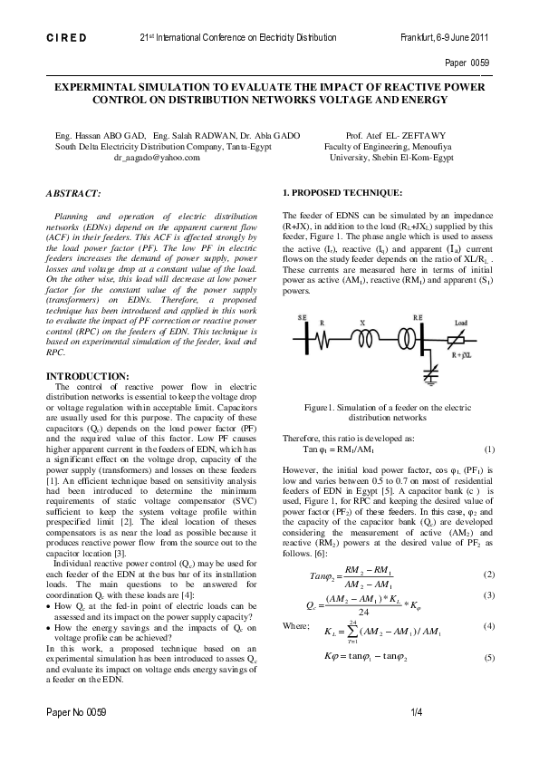 (PDF) EXPERMINTAL SIMULATION TO EVALUATE THE IMPACT OF REACTIVE POWER CONTROL ON DISTRIBUTION ...