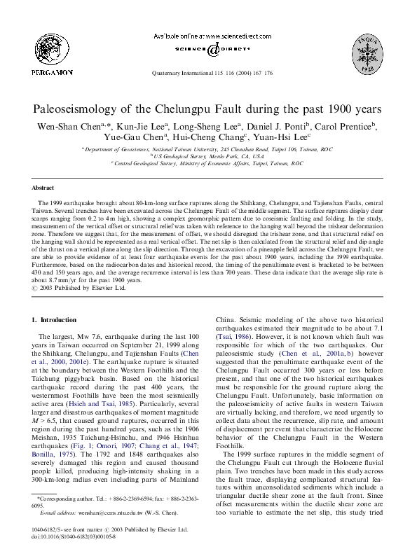 (PDF) Paleoseismology of the Chelungpu Fault during the past 1900 years