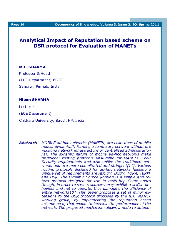Pdf Analytical Impact Of Reputation Based Scheme On Dsr Protocol For Evaluation Of Manets