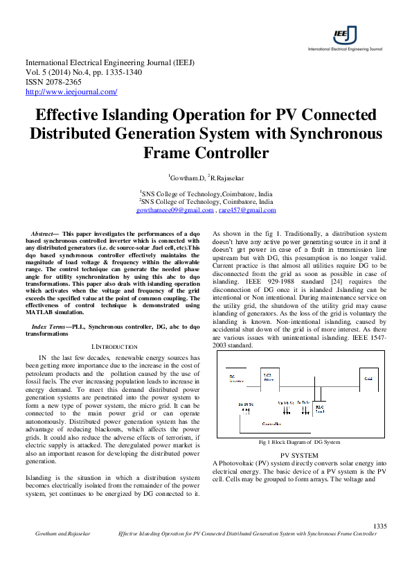 (PDF) Effective Islanding Operation for PV Connected Distributed Generation System with ...