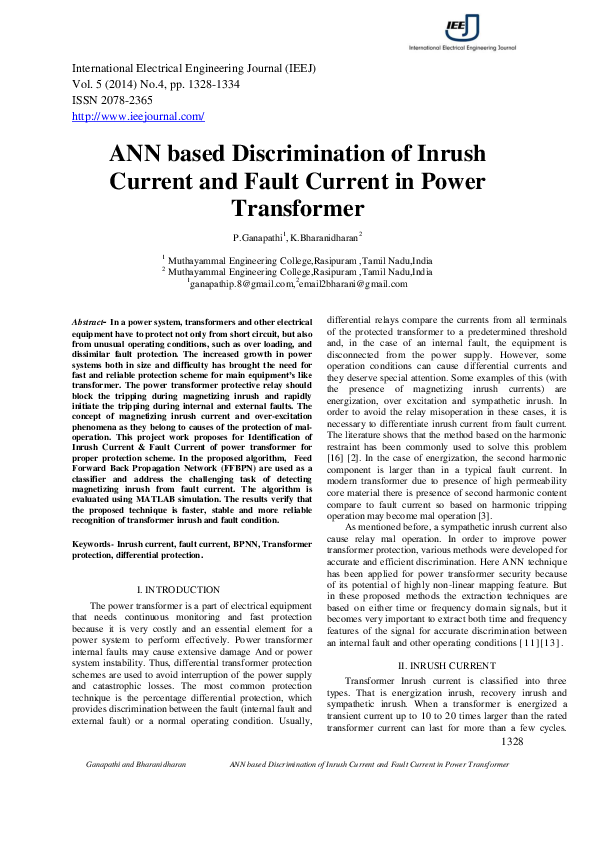 Pdf Ann Based Discrimination Of Inrush Current And Fault Current In Power Transformer