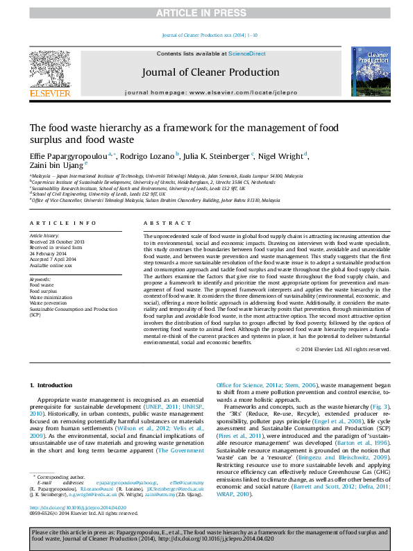 (PDF) The food waste hierarchy as a framework for the management of ...