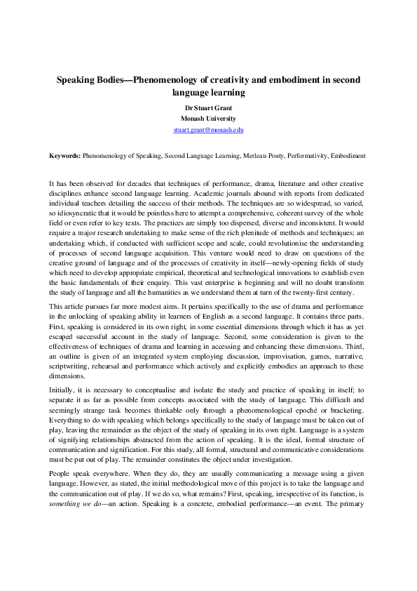 (PDF) Speaking Bodies - Phenomenology of Creativity and Embodiment in ...