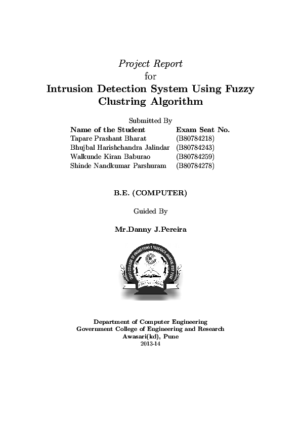 Pdf Project Report For Intrusion Detection System Using Fuzzy Clustring Algorithm Acknowledgement 3589