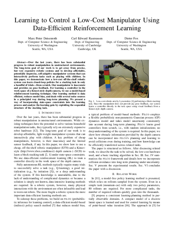 Pdf Data Efficient Reinforcement Learning For Low Cost Manipulators