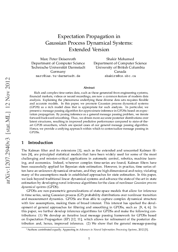 (PDF) Expectation Propagation in Gaussian Process Dynamical Systems: Extended Version