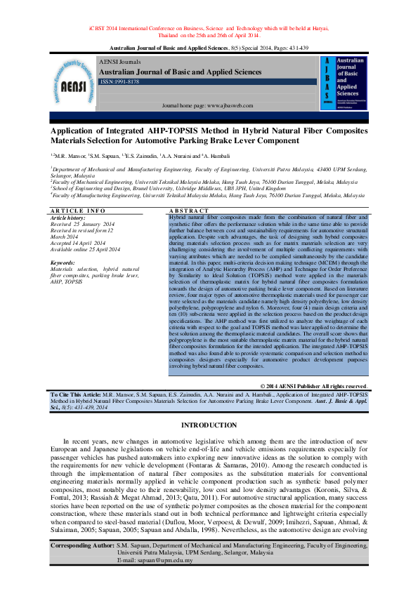 Application Of Integrated Ahp Topsis Method In Hybrid Natural Fiber Composites Materials