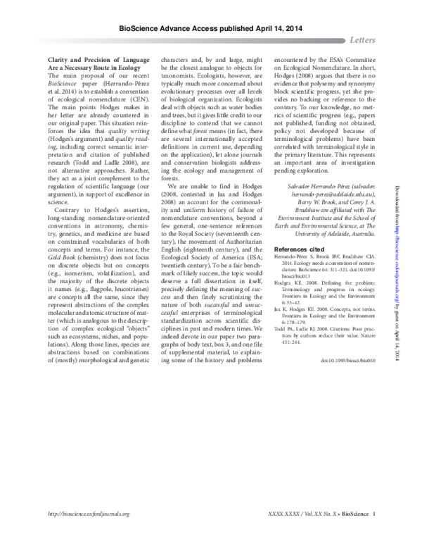 (PDF) Clarity and precision of language are a necessary route in ecology