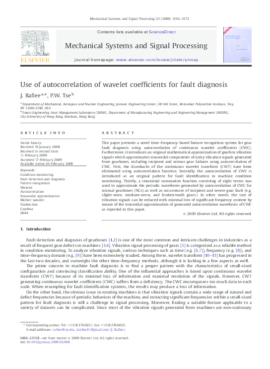 Pdf Use Of Autocorrelation In Wavelet Coefficients For Fault Diagnosis
