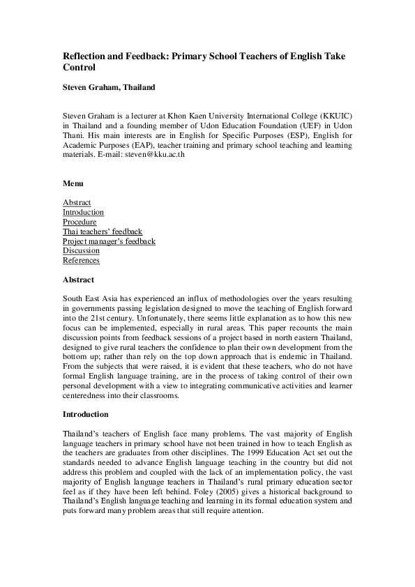 (PDF) Reflection and Feedback: Primary School Teachers of English Take ...