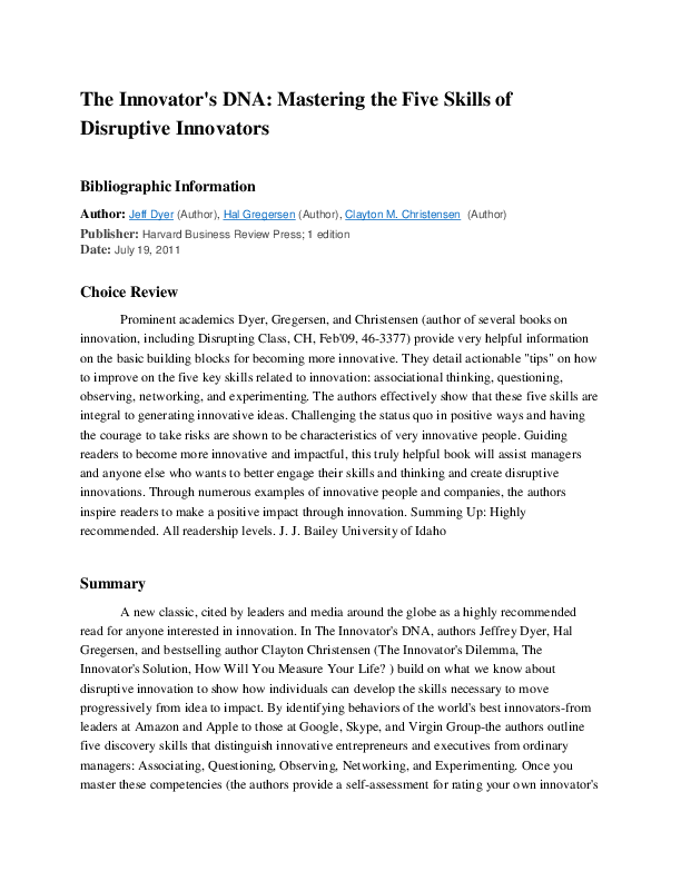 (PDF) The Innovator's DNA: Mastering the Five Skills of Disruptive ...