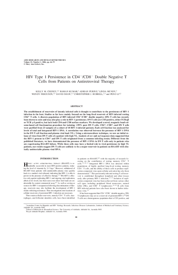 (PDF) HIV type 1 persistence in CD4 CD8 double negative T cells from patients on antiretroviral ...