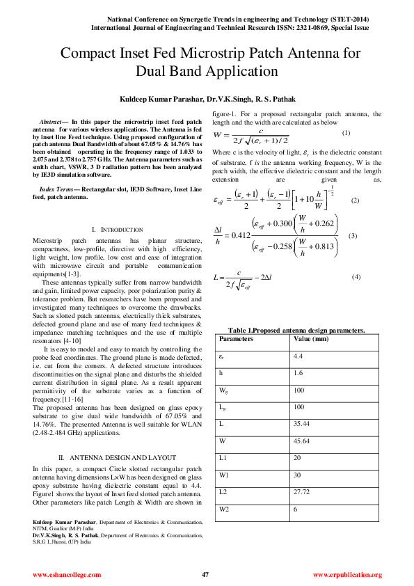 (PDF) Compact Inset Fed Microstrip Patch Antenna for Dual Band Application
