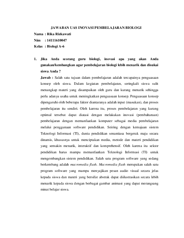(DOC) UAS Inovasi Pembelajaran Biologi Kelas Bio A-6 | Rika Rizkawati - Academia.edu