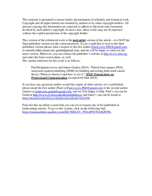 Pdf 2014 Partial Least Squares Pls Structural Equation Modeling Sem For Building And