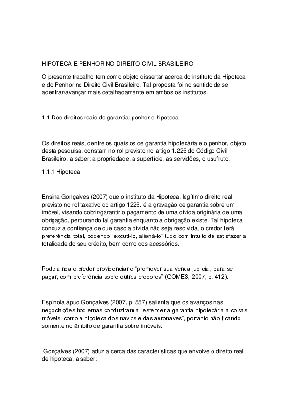 (DOC) HIPOTECA E PENHOR NO DIREITO CIVIL BRASILEIRO