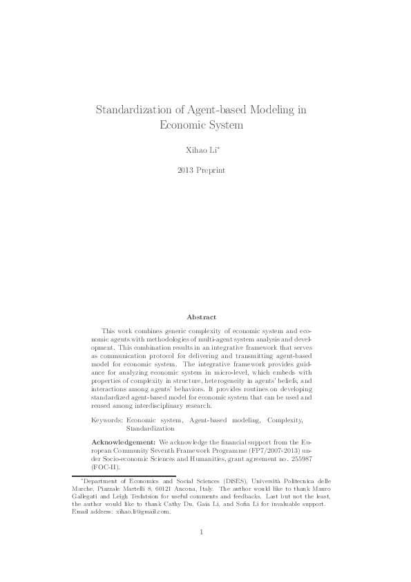 (PDF) Standardization of Agent-based Modeling in Economic System