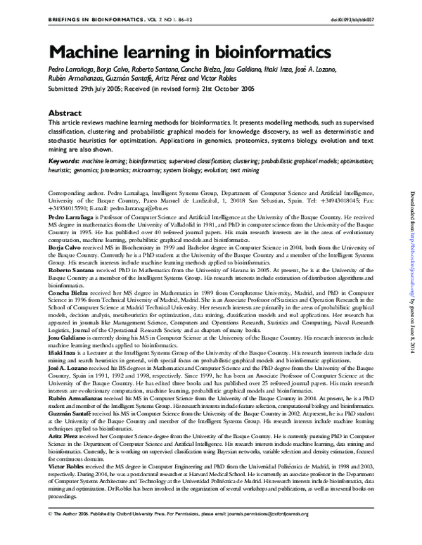 (PDF) Machine learning in bioinformatics | Roberto Santana - Academia.edu