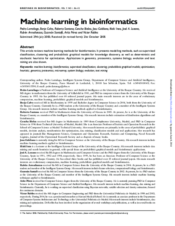(PDF) Machine learning in bioinformatics