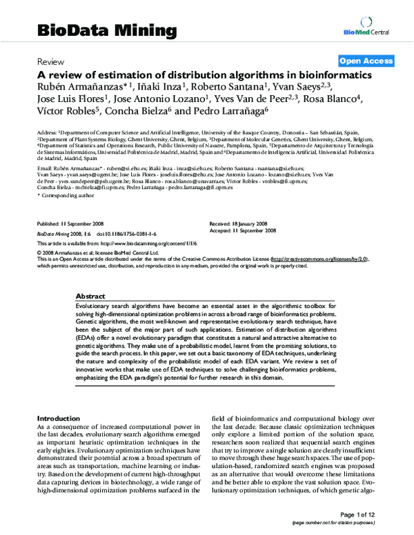Pdf A Review Of Estimation Of Distribution Algorithms In Bioinformatics