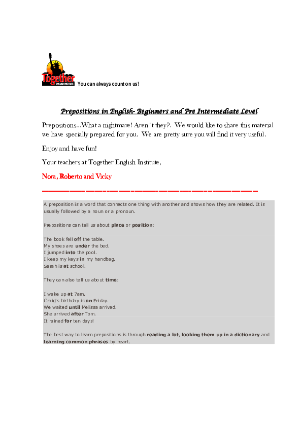 (PDF) Prepositions in English Language - Elementary and Pre ...