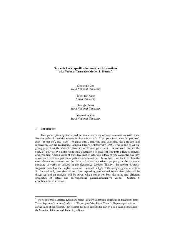 (PDF) Semantic Underspecification and Case Alternations with Verbs of Transitive Motion in Korean1