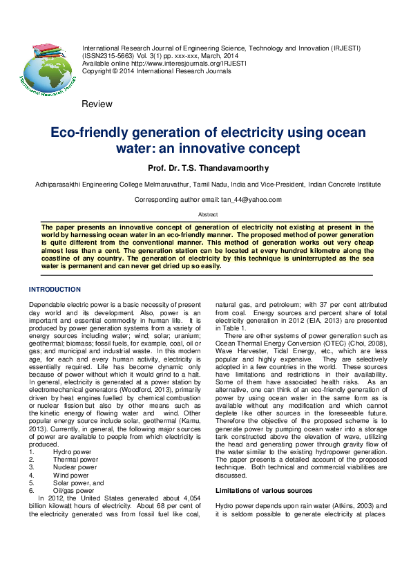 (PDF) Eco-friendly generation of electricity using ocean water an ...