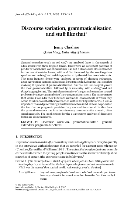 (PDF) Discourse variation, grammaticalisation and stuff like that 1