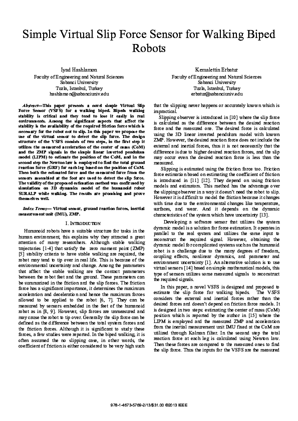 (PDF) Simple Virtual Slip Force Sensor for walking biped robots