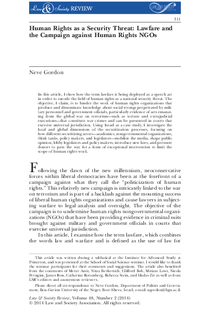 (PDF) Human Rights as a Security Threat: Lawfare and the Campaign ...